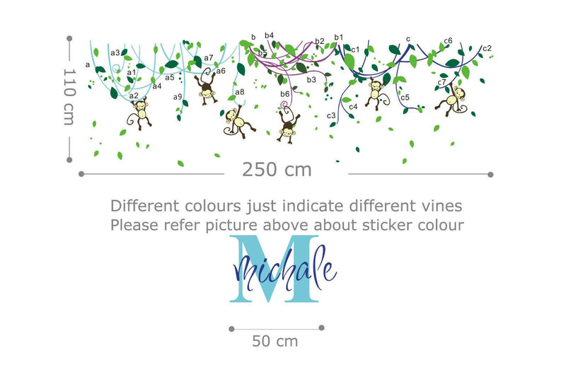 Custom Personalised Name Monkey Vine Wall Art Stickers Kids Nursery Vi