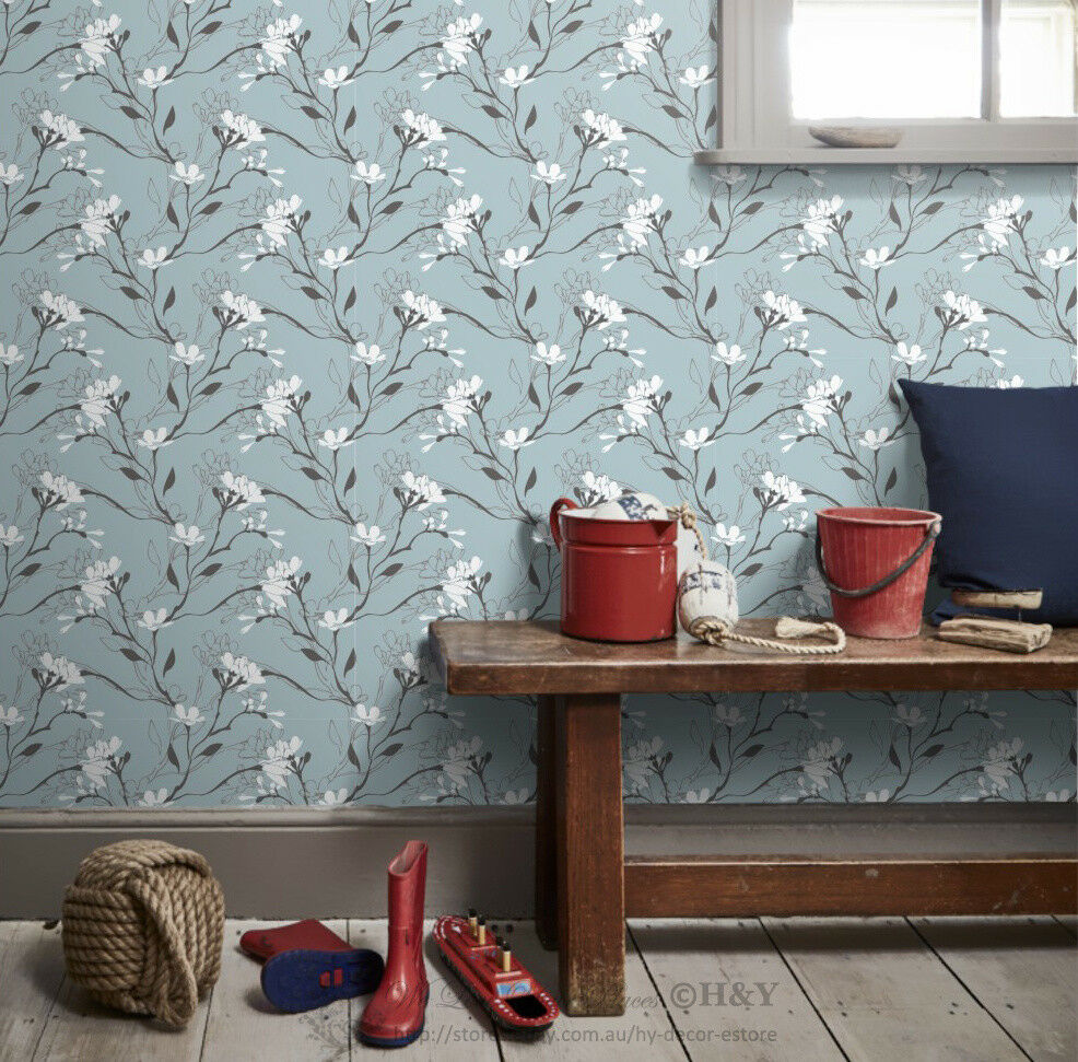 White Flowers Blue Wall Paper Print Removable Mural Covering Wallpaper