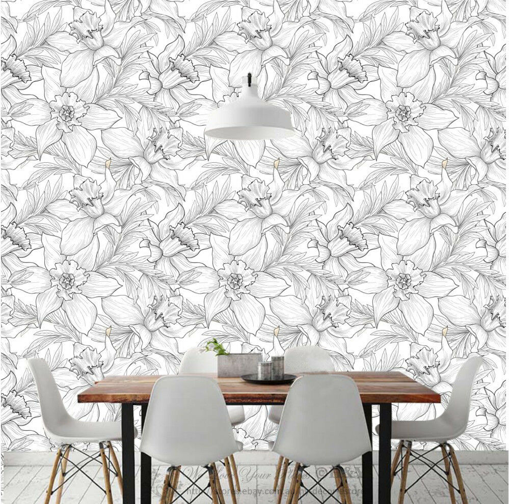 Hand Drawn Flower Wall Paper Sticker Removable Mural Covering Art Wall