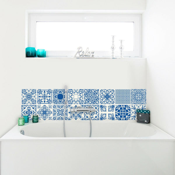 Pack of 16 Blue Tile Stickers Kitchen Bathroom Floor Home Decor
